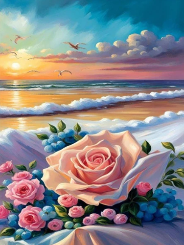 Diamond Painting | Grote Roos aan het Strand – Diamond Paradijs